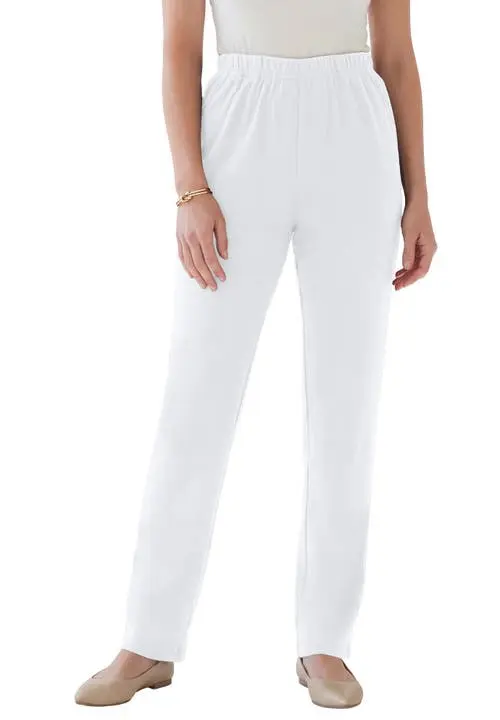 Roaman's Soft Knit Relaxed Straight Leg Pull-on Pants - White