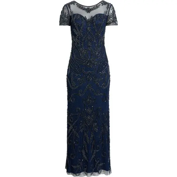 Pisarro Nights Embellished Mesh Column Gown - Navy