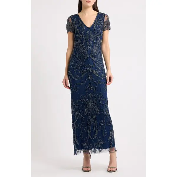 Pisarro Nights Embellished Mesh Column Gown - Navy