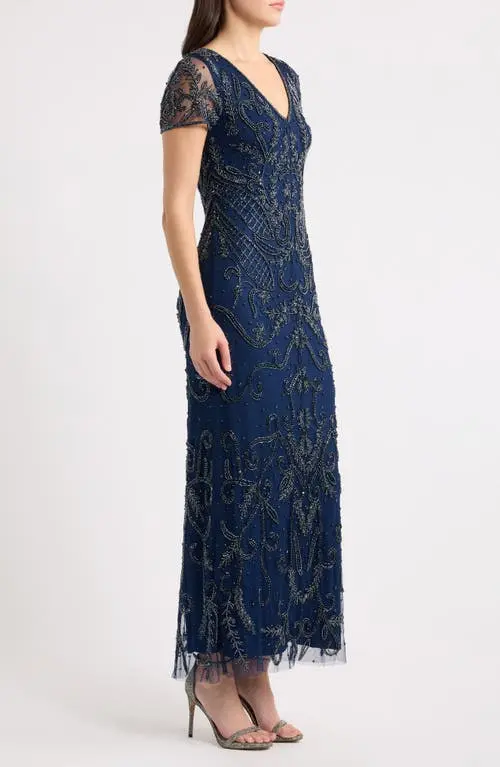 Pisarro Nights Embellished Mesh Column Gown - Navy