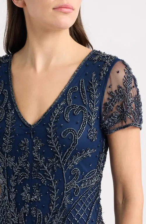 Pisarro Nights Embellished Mesh Column Gown - Navy