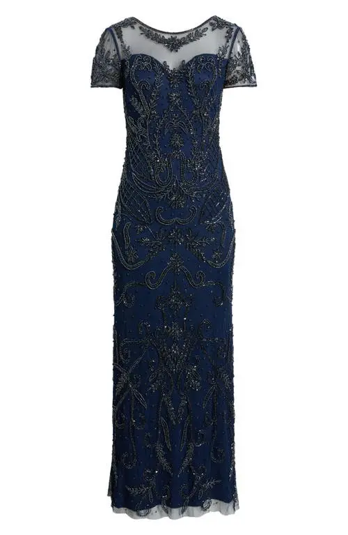 Pisarro Nights Embellished Mesh Column Gown - Navy