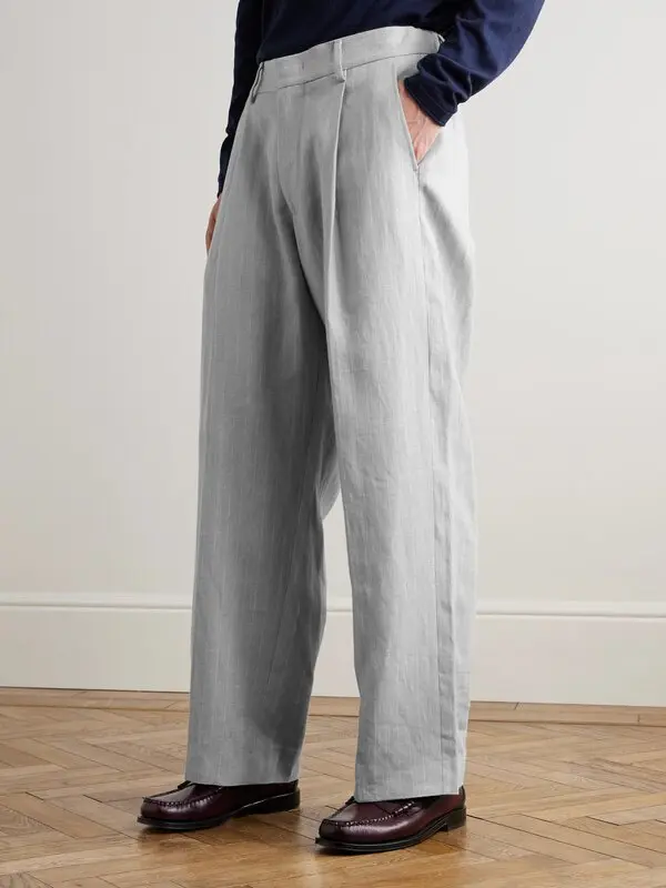 Nn07 Kay 1455 Straight-leg Pleated Pinstriped Linen Trousers - Gray