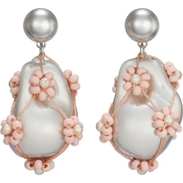 Tory Burch Freshwater Pearl Drop Earrings With Beaded Flowers - Tory Silver/pink