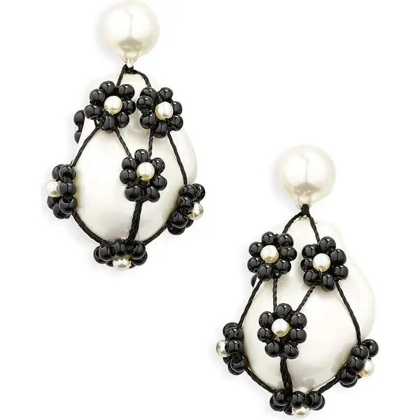 Tory Burch Freshwater Pearl Drop Earrings With Beaded Flowers - Tory Silver/white/black