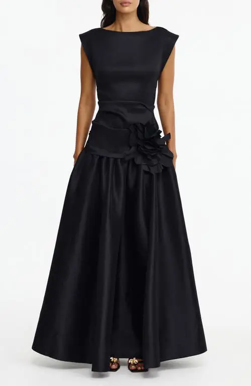 Acler Delph Ruched Floral Appliqué Satin Drop Waist Gown