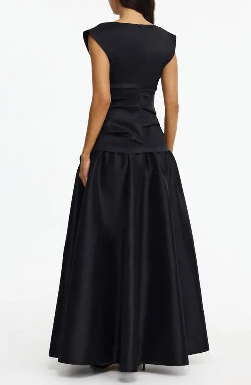 Acler Delph Ruched Floral Appliqué Satin Drop Waist Gown