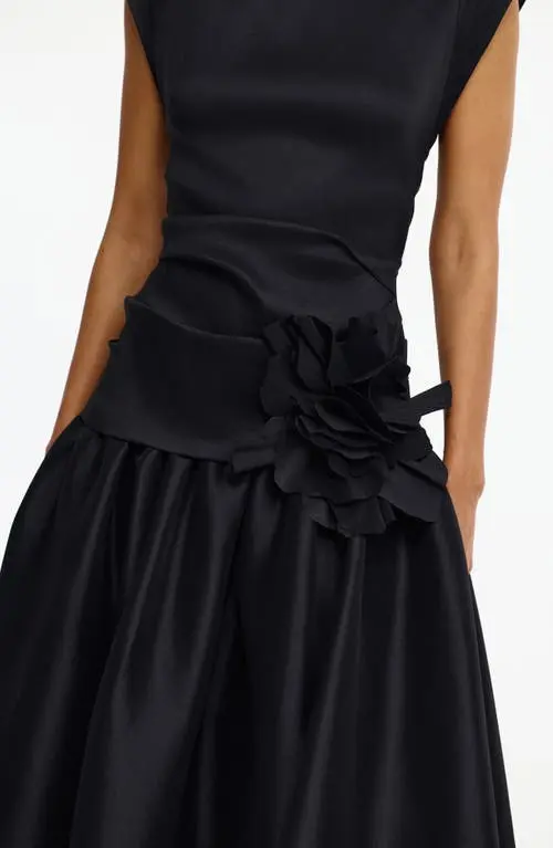 Acler Delph Ruched Floral Appliqué Satin Drop Waist Gown