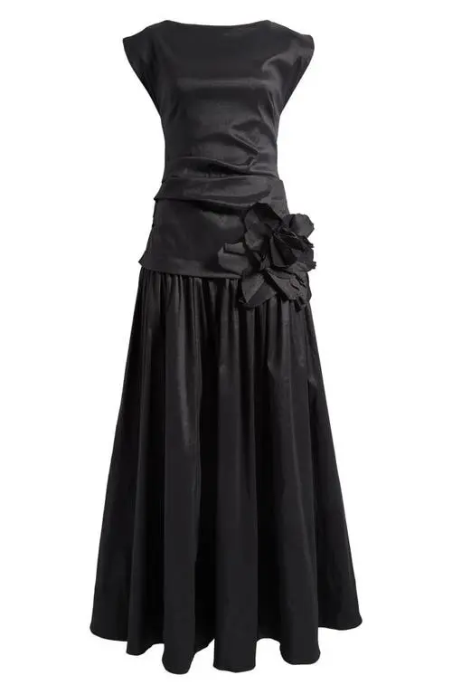 Acler Delph Ruched Floral Appliqué Satin Drop Waist Gown