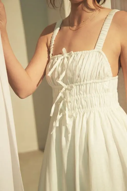 VASILIKI Amara Ruched Midi Linen Dress - Pristine