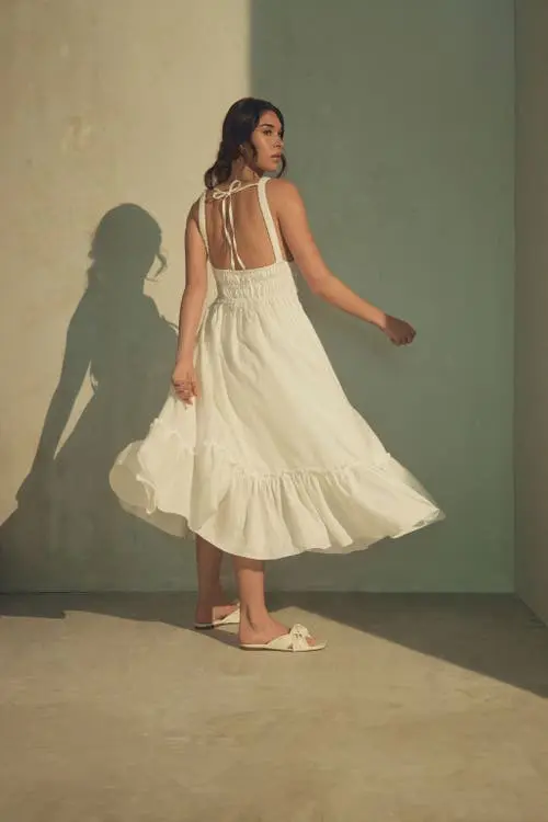 VASILIKI Amara Ruched Midi Linen Dress - Pristine