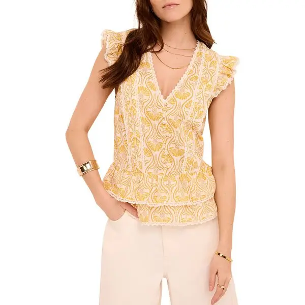 Mint Velvet Cotton Floral Print Top With Ruffle Trim And Peplum Hem - Yellow
