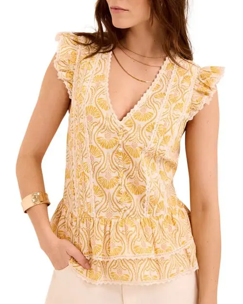 Mint Velvet Cotton Floral Print Top With Ruffle Trim And Peplum Hem - Yellow