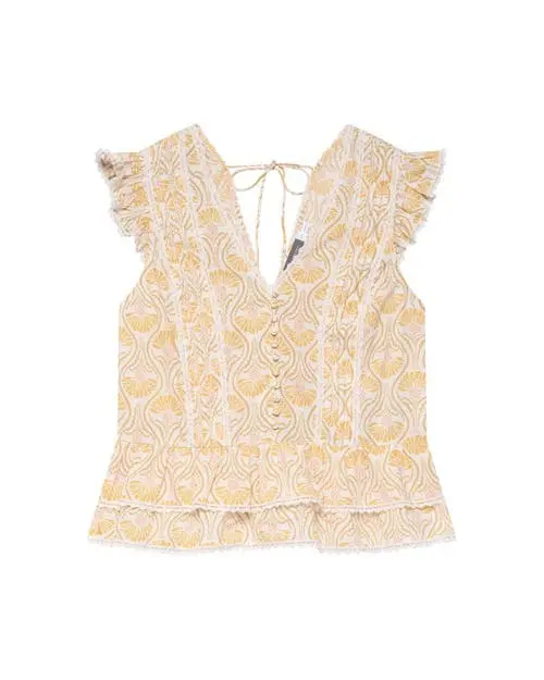 Mint Velvet Cotton Floral Print Top With Ruffle Trim And Peplum Hem - Yellow