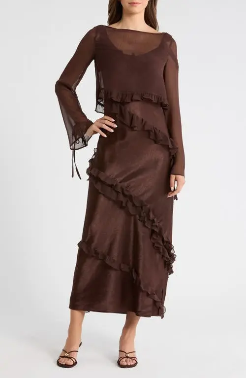 DAMSON MADDER Carmen Ruffle Satin Midi Dress - Chocolate