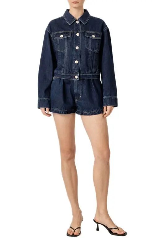 English Factory High Waist Pleated Denim Shorts - Navy