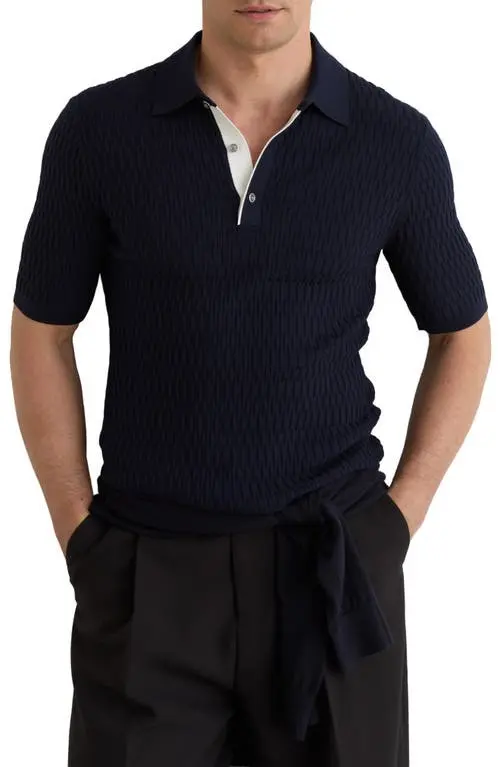 REISS Era Basket Weave Knit Polo Sweater - Navy
