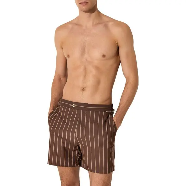 REISS Presley Stripe Side Adjuster Swim Trunks - Dark Brown