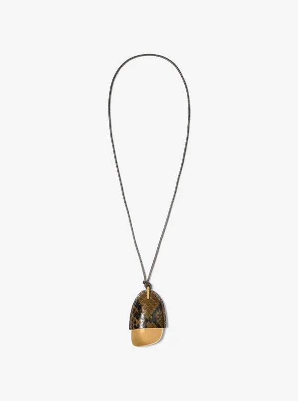 Michael Kors Brushed Brass And Snake Embossed Leather Pendant Necklace - Green