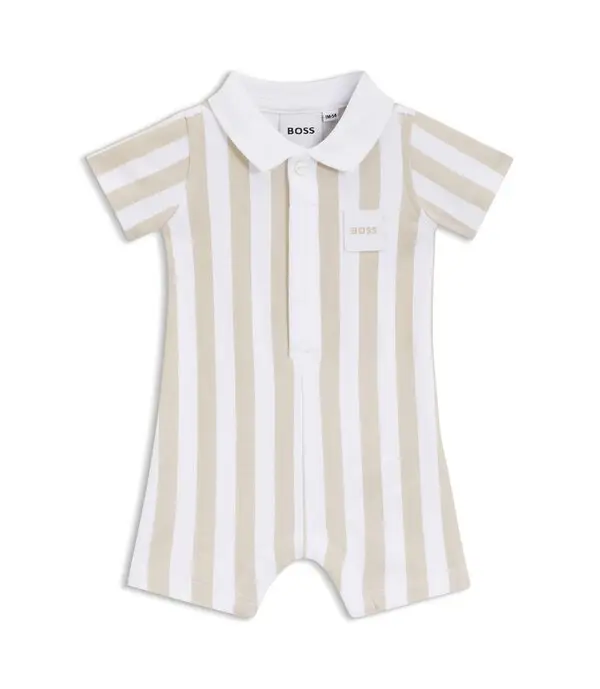 BOSS Baby Romper In Striped Cotton With Polo Collar - Beige
