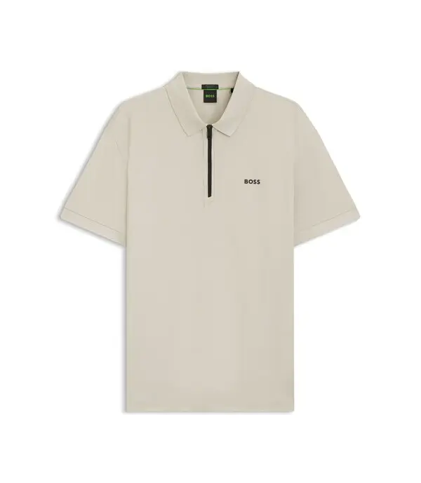 BOSS Zipper-neck Polo Shirt In Cotton-blend Jersey - Light Beige