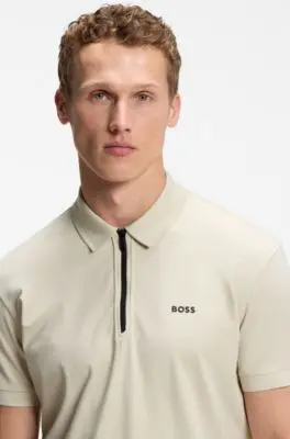 BOSS Zipper-neck Polo Shirt In Cotton-blend Jersey - Light Beige