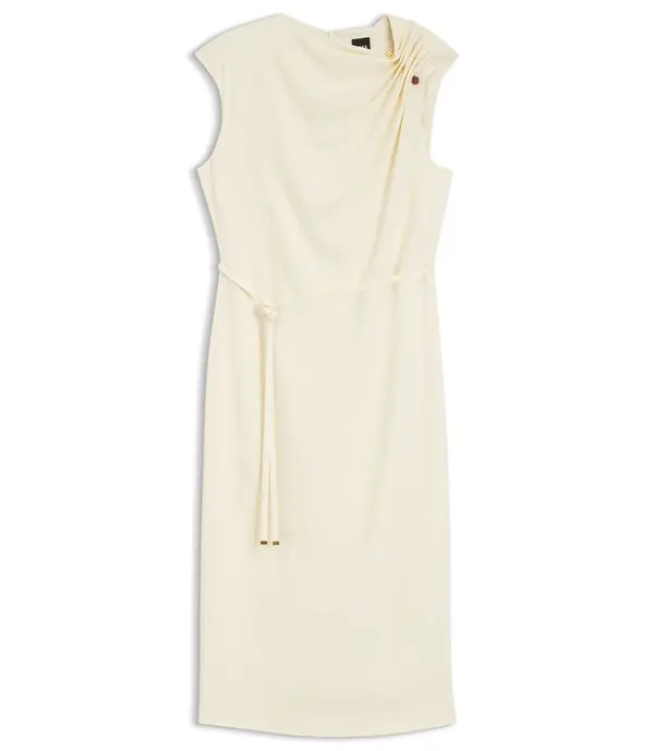 BOSS Midi Dress With Gathered Shoulder Detail And Pin Embellishment - Light Beige