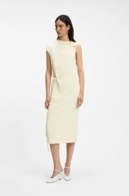 BOSS Midi Dress With Gathered Shoulder Detail And Pin Embellishment - Light Beige