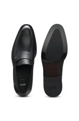 BOSS Leather Loafers With Double B Monogram Detail - Black