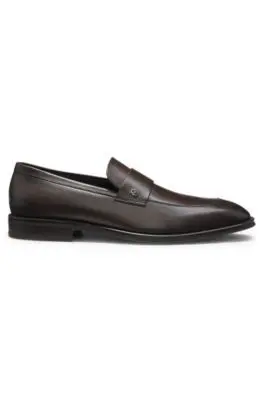 BOSS Leather Loafers With Double B Monogram Trim - Dark Brown