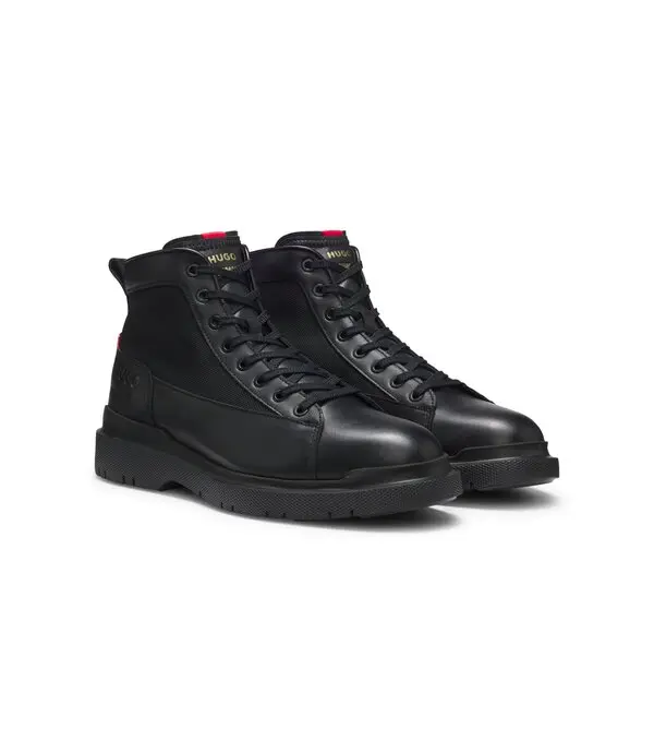 Hugo Leather And Textured Panel Lace-up Boots
