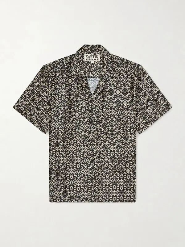 KARTIK RESEARCH Camp-collar Printed Silk Shirt - Black