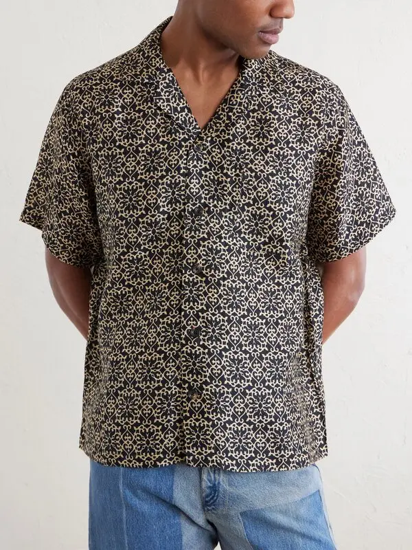 KARTIK RESEARCH Camp-collar Printed Silk Shirt - Black