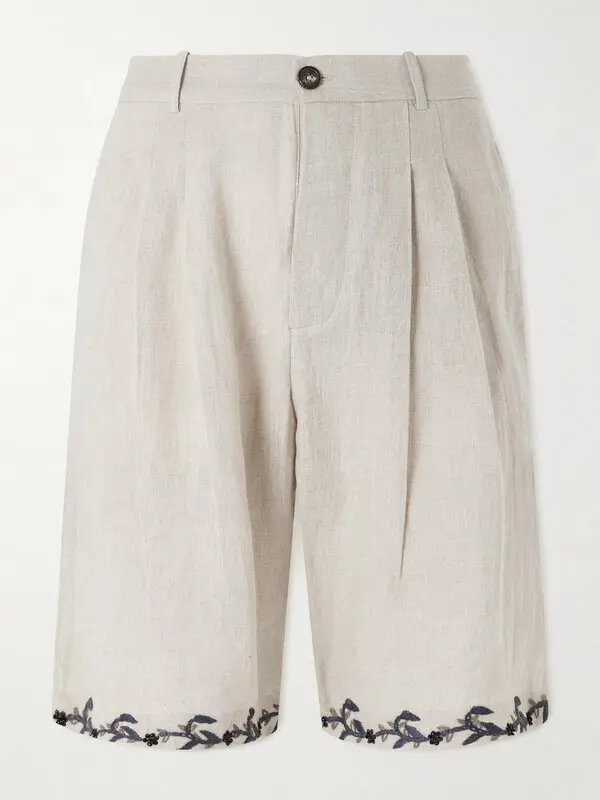 KARTIK RESEARCH Pleated Embroidered Linen Shorts - Neutrals