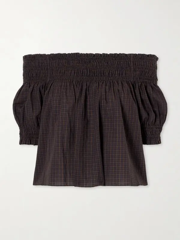 Matteau Shirred Off-the-shoulder Checked Cotton Blouse