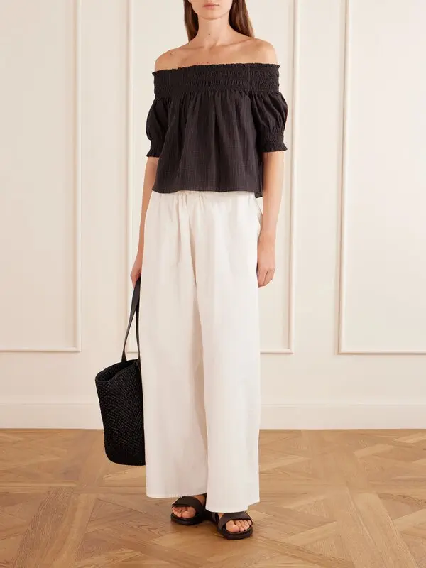 Matteau Shirred Off-the-shoulder Checked Cotton Blouse