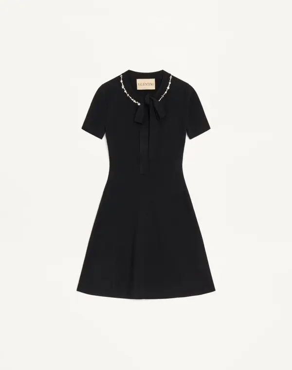 Valentino Garavani Embroidered Knit Dress With Rhinestone Necklace - Black