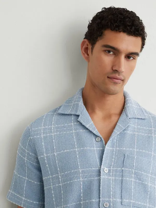 REISS Moran Textured Check Cuban-collar Shirt With Cotton - Soft Blue/white