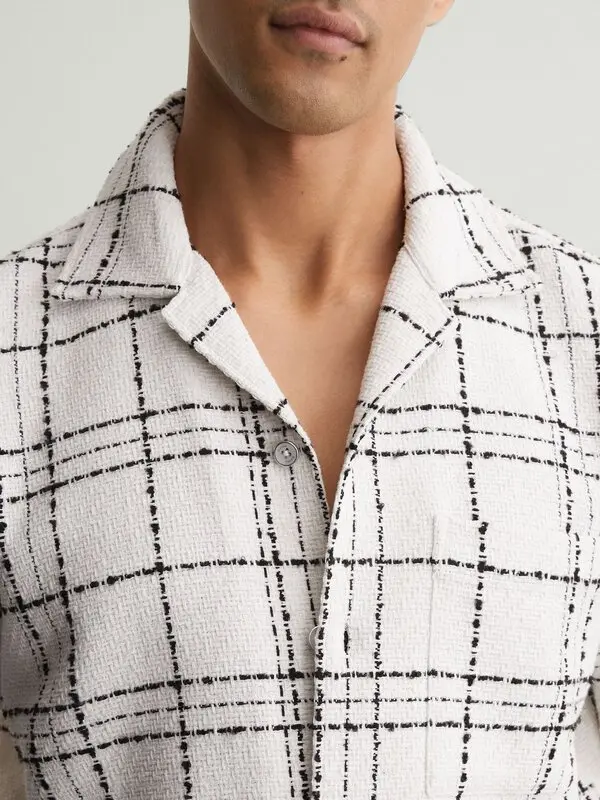 REISS Moran Textured Check Cuban-collar Shirt With Cotton - White/black