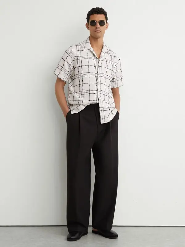 REISS Moran Textured Check Cuban-collar Shirt With Cotton - White/black