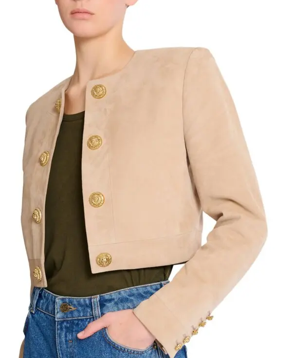 Balmain Cropped Suede Leather Jacket - Beige