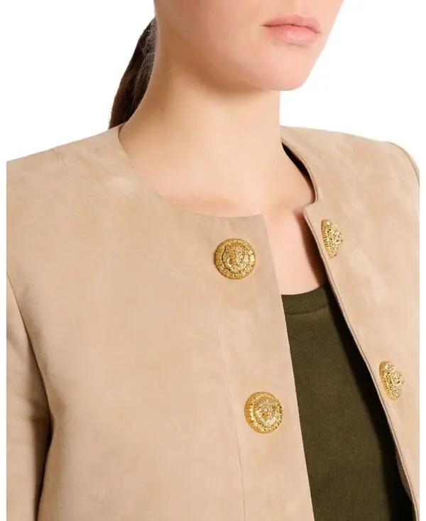 Balmain Cropped Suede Leather Jacket - Beige