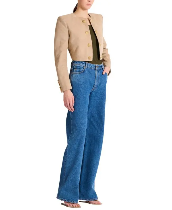 Balmain Cropped Suede Leather Jacket - Beige