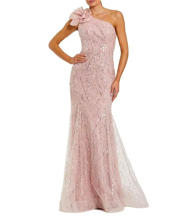 Mac Duggal One Shoulder Sequin Trumpet Gown With Floral Applique