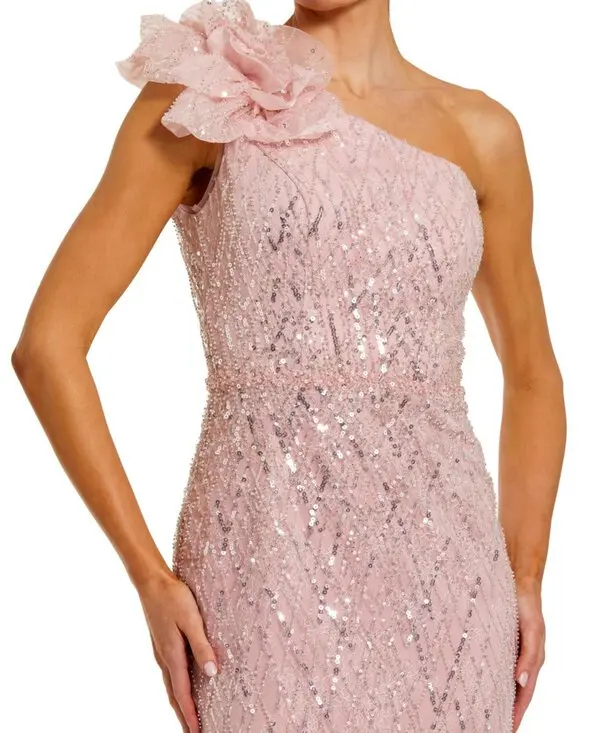 Mac Duggal One Shoulder Sequin Trumpet Gown With Floral Applique