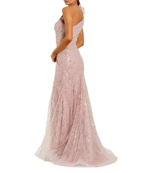 Mac Duggal One Shoulder Sequin Trumpet Gown With Floral Applique