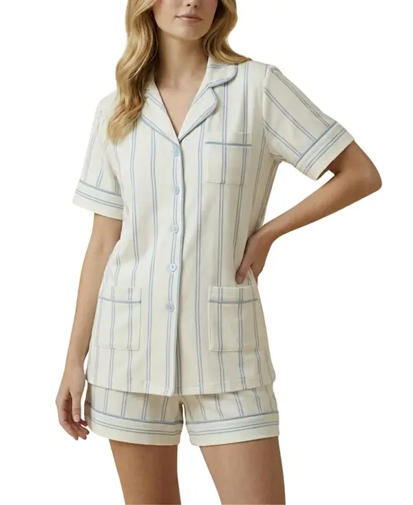 KIP Luxe Stretch Cotton Striped Short Set - Blue