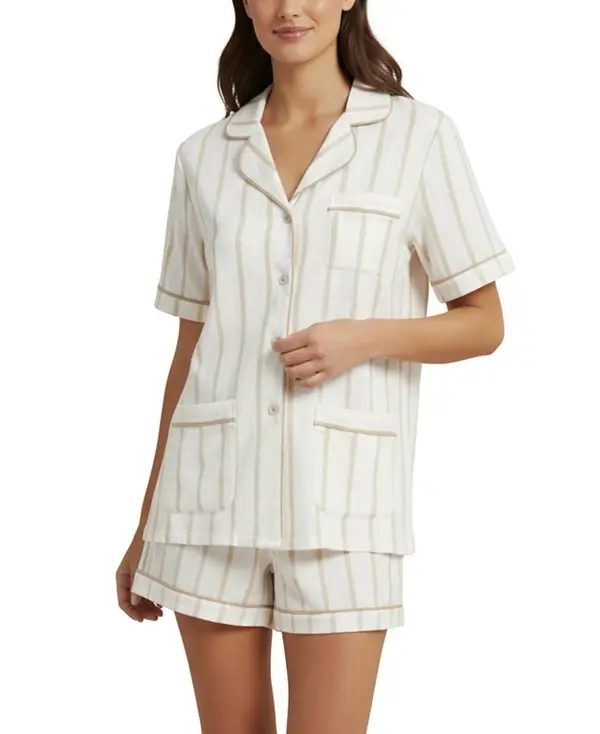 KIP Luxe Stretch Cotton Striped Short Set - Champagne