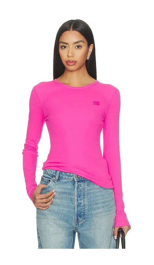 GANNI Soft Cotton Rib Long Sleeve Top - Raspberry Rose