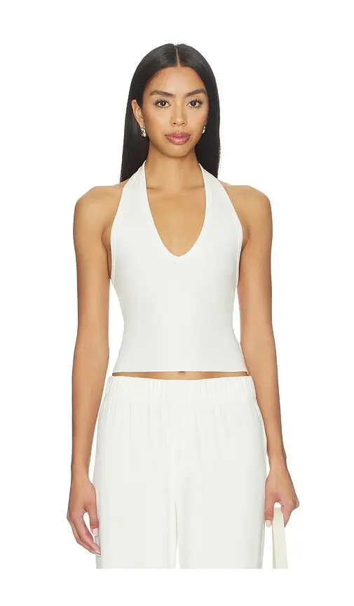 Eterne Cropped Halter Top In Ribbed Knit - Cream